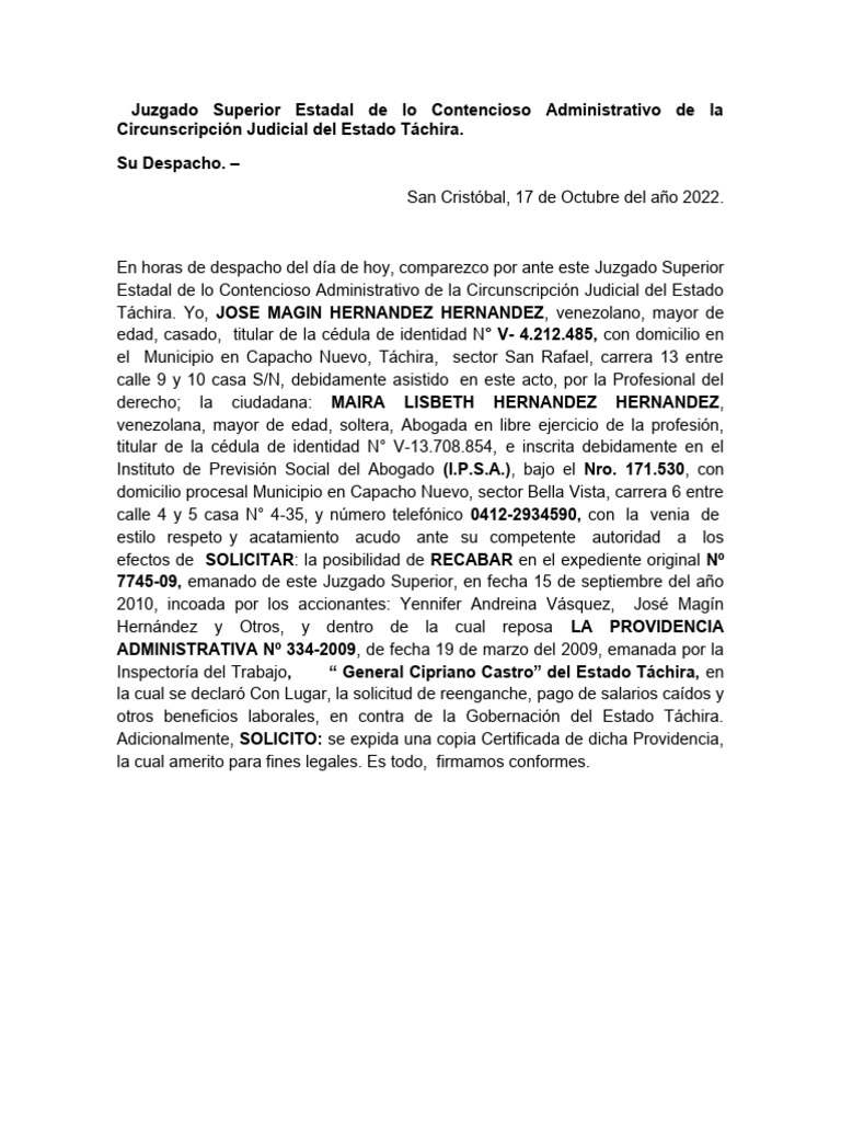 Solicitud de Copia de Providencia Laboral | PDF