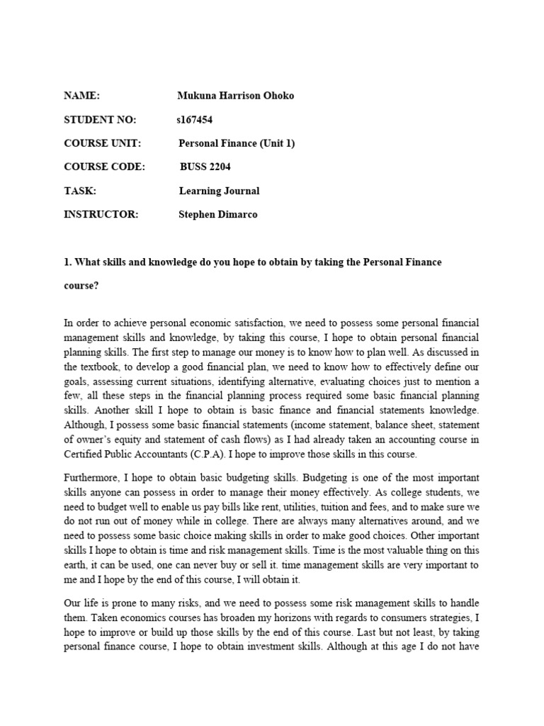 Personal Finance Skills Learning Journal | PDF | Financial Plan ...