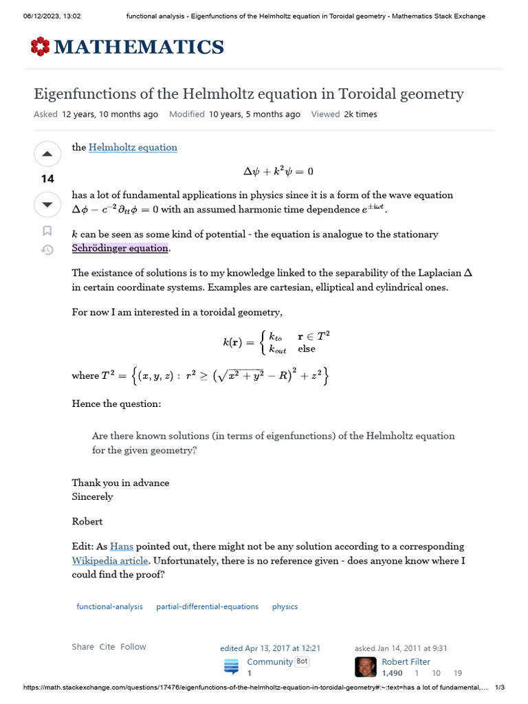 Functional Analysis - Eigenfunctions of The Helmholtz Equation in Toroidal Geometry ...