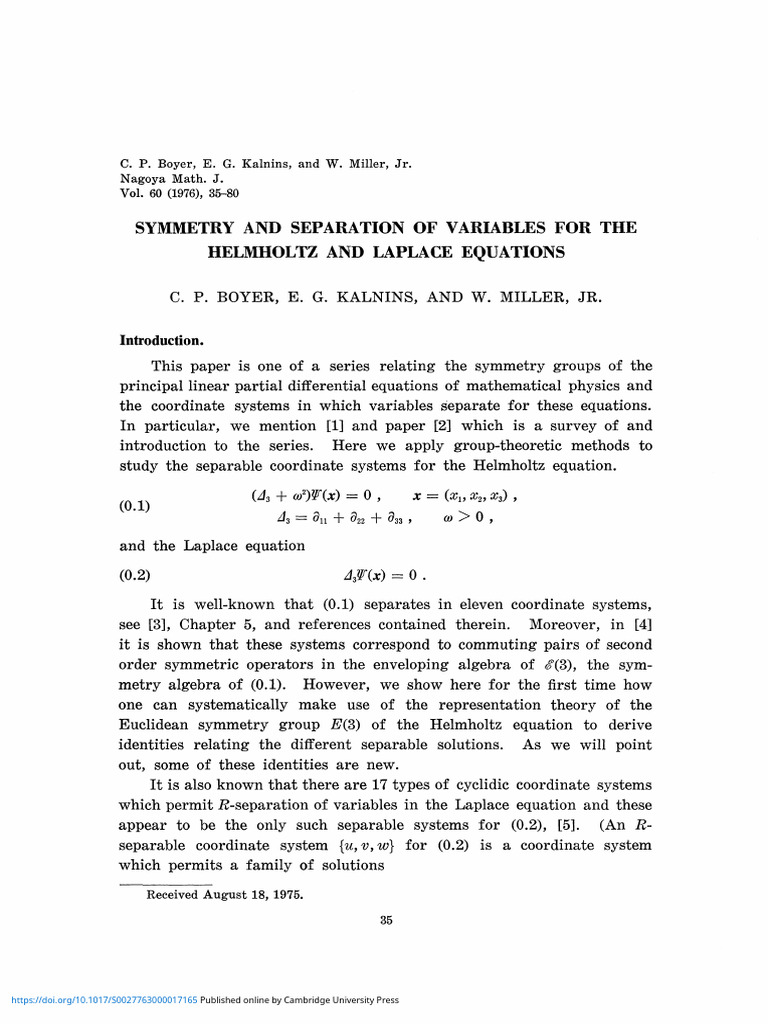 Symmetry and Separation of Variables For The Helmholtz and Laplace Equations | PDF | Equations ...