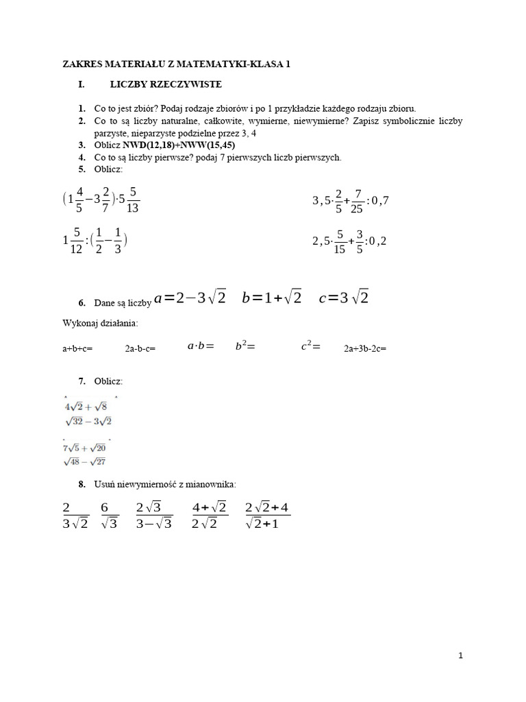 Zakres Materiału Z Matematyki Klasa 1abc 16 | PDF