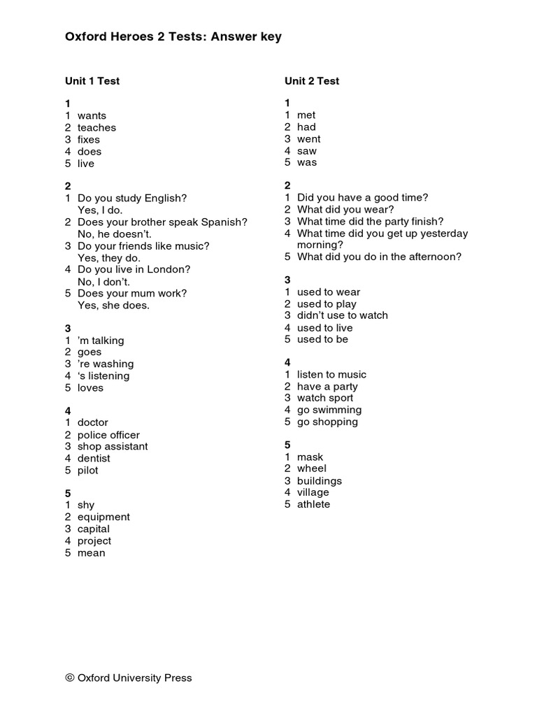 Oxford Heroes 2 Test Answer Key | PDF