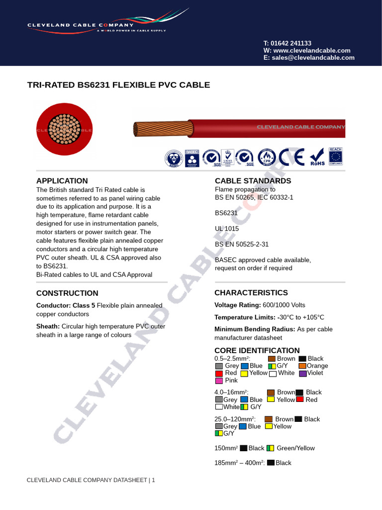 Tri-Rated BS6231 Cable Specifications | PDF | Electrical Equipment ...