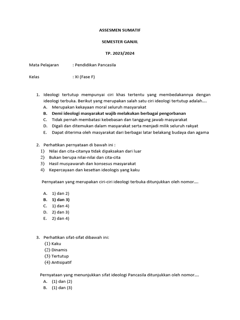 Soal Assesmen Sumatif Kelas Xi Pendidikan Pancasila (Ganjil) | PDF | Politik