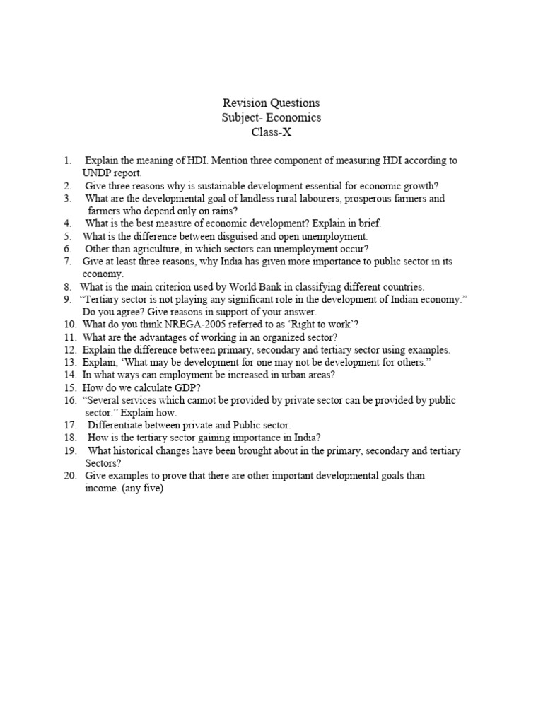 Class 10 Economics Development Worksheet | PDF