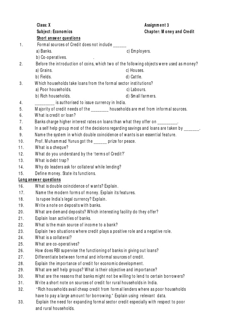 CBSE Class 10 Economics Worksheet | PDF | Loans | Credit
