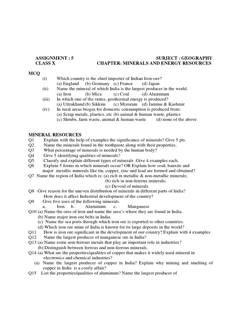 CBSE Class 10 Geography Worksheet | PDF | Ore | Energy Development