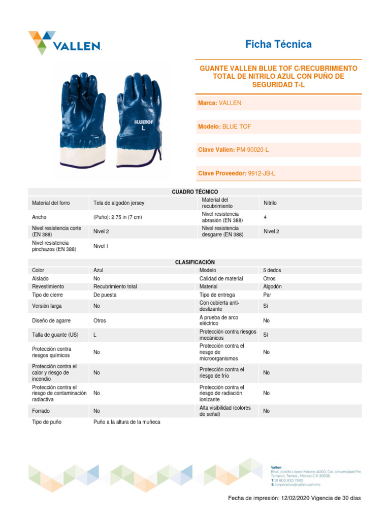 Ficha Técnica: Guante Vallen Blue Tof C/Recubrimiento Total de Nitrilo Azul Con Puño de ...