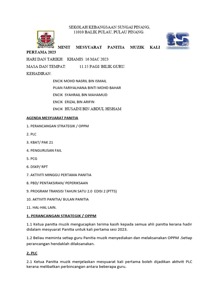 Minit Mesyuarat Pendidikan Islam Kali 1 2023 | PDF