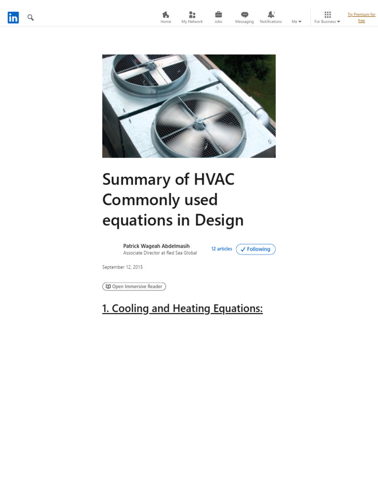 Summary of HVAC Commonly Used Equations in Design - LinkedIn | PDF