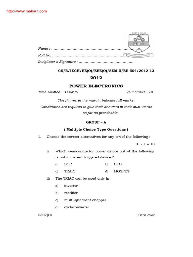 Btech Ee 5 Sem Power Electronics 2012 | PDF | Power Electronics ... Btech Ee 5 Sem Power Electronics 2012 | PDF | Power Electronics ...