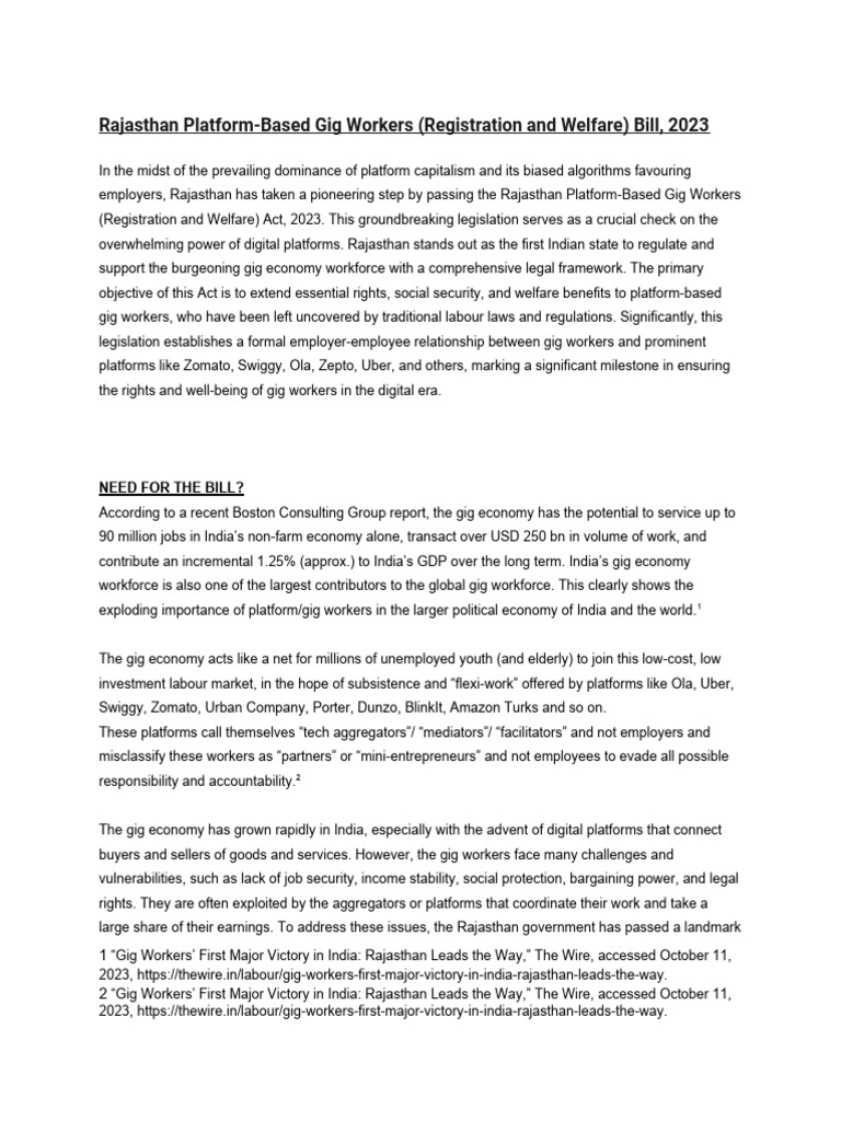 Rajasthan Platform-Based Gig Workers (Registration and Welfare) Bill ...