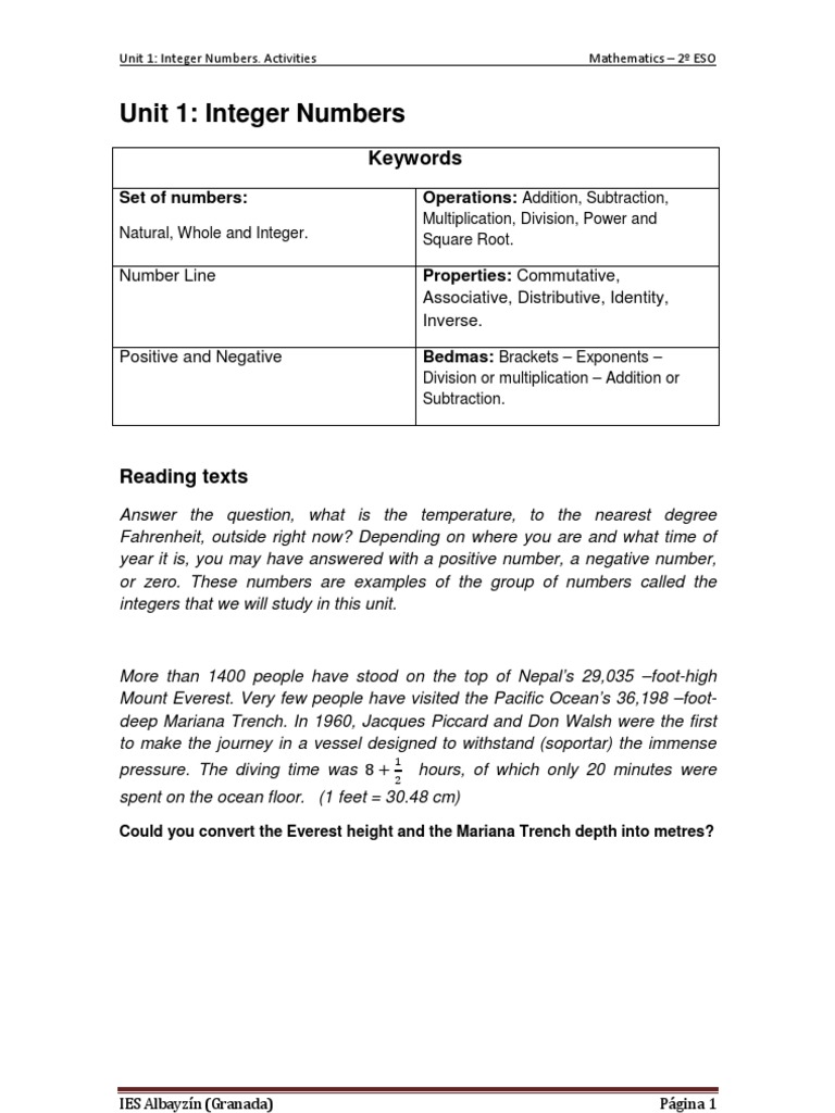 Unit 1. Integer Numbers. Activities 2º ESO | PDF | Numbers | Integer