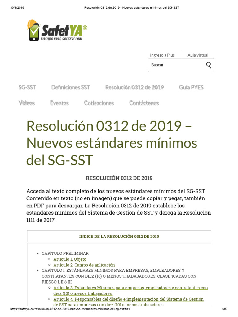 Resolución 0312 de 2019 - Nuevos estándares mínimos del SG-SST | PDF | Derecho laboral ...