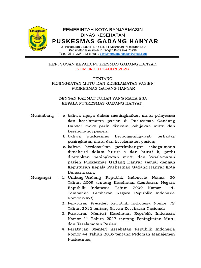 SK Peningkatan-Mutu-Puskesmas-Dan-Keselamatan Pasien | PDF
