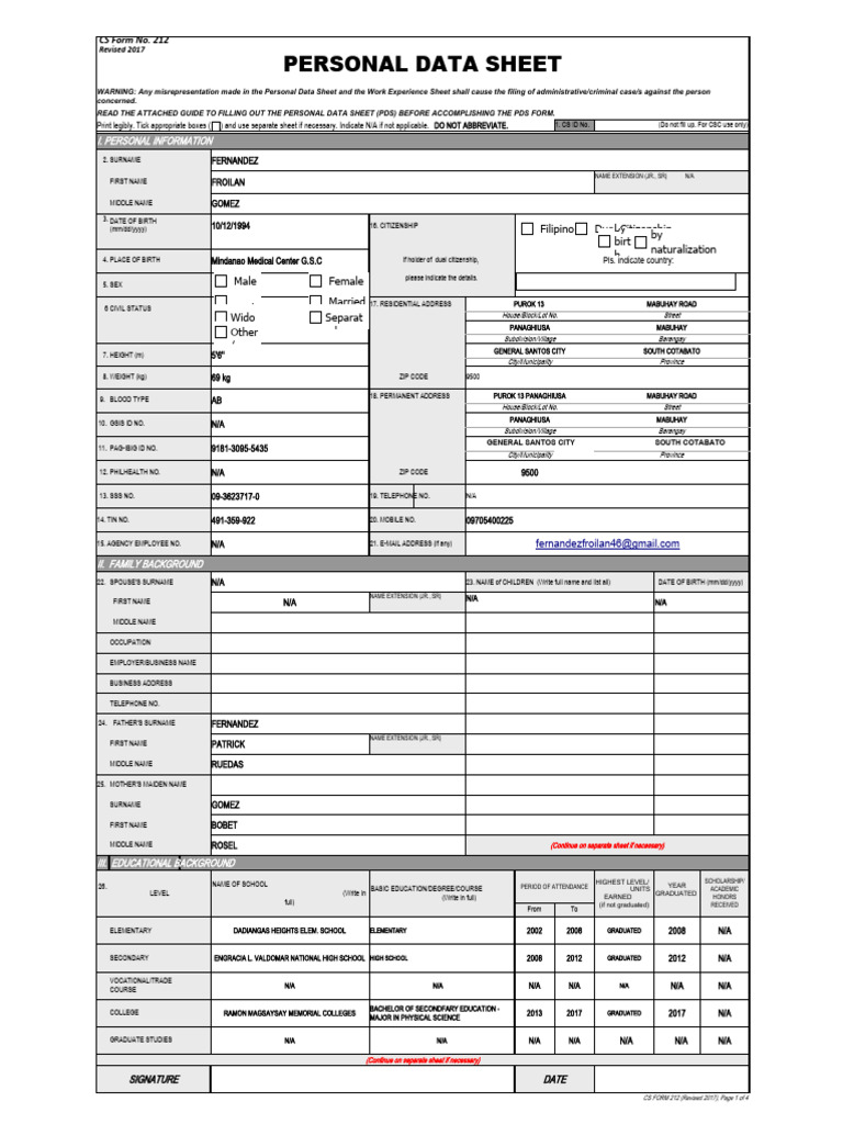 CS Form No. 212 Revised Personal Data Sheet New1 1 | PDF | Justice ...