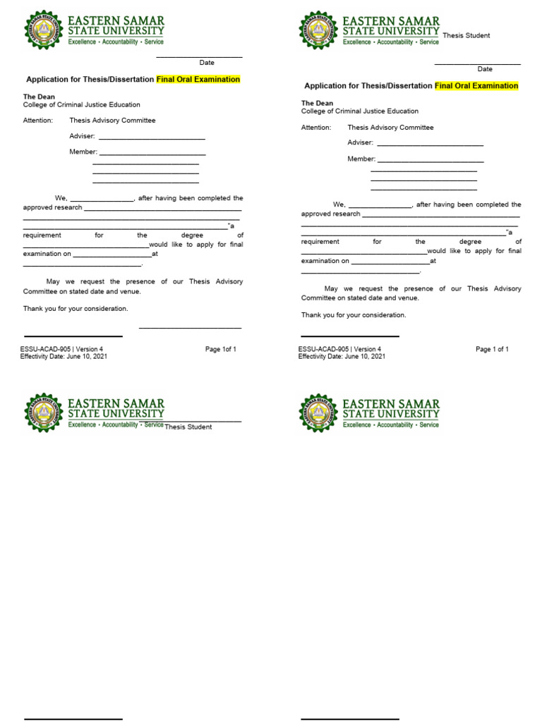 905 Application For Thesis Dissertation Final Oral Examination | PDF | Thesis | Academia