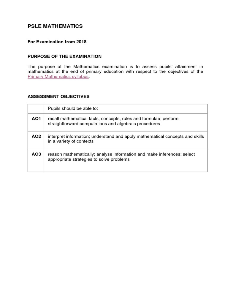 Psle Mathematics: For Examination From 2018 | PDF | Mathematics ...