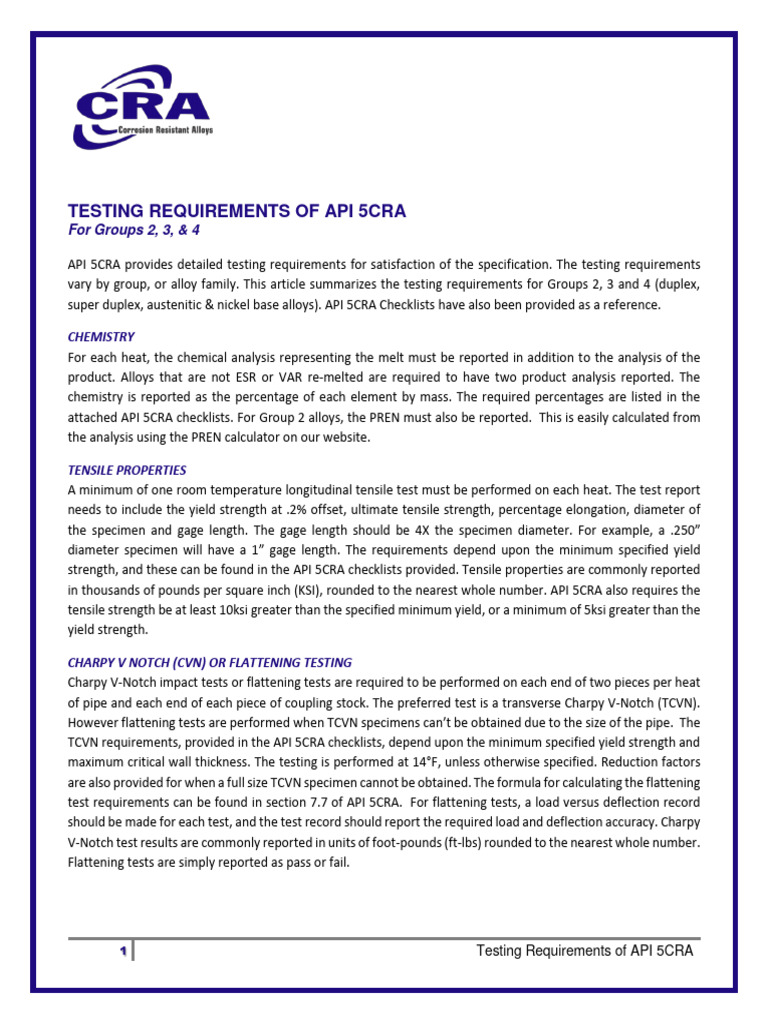 Testing Requirements of API 5CRA - Rev2 | PDF | Hardness | Ultimate ...