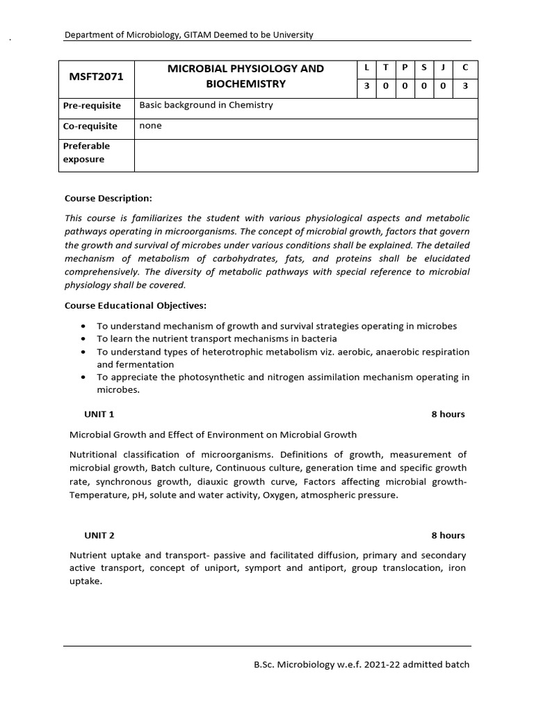 Microbial Physiology Syllabus | PDF | Microorganism | Cellular Respiration