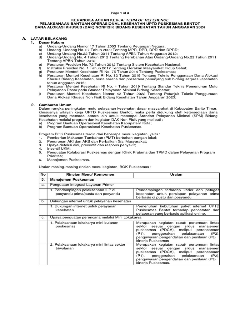 Tor Manajemen Puskesmas Bentot 2024 | PDF