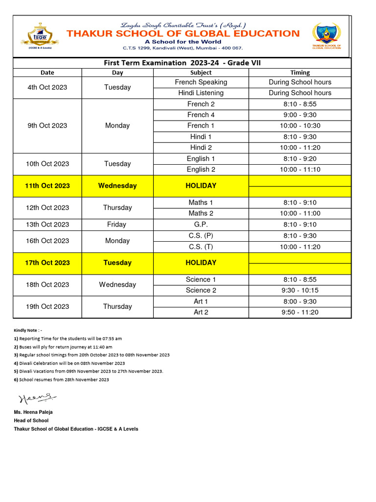 1st Term Examination TT - Grade VII | PDF