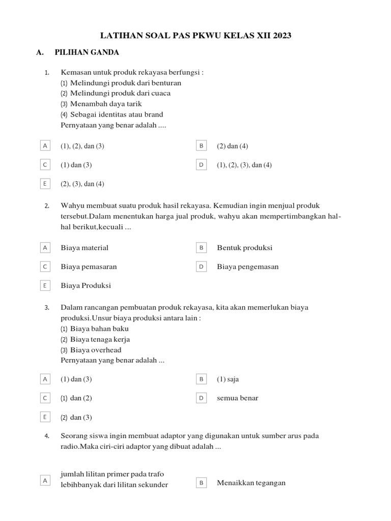 Latihan Soal Pas Pkwu Kelas Xii 2023 | PDF | Bisnis