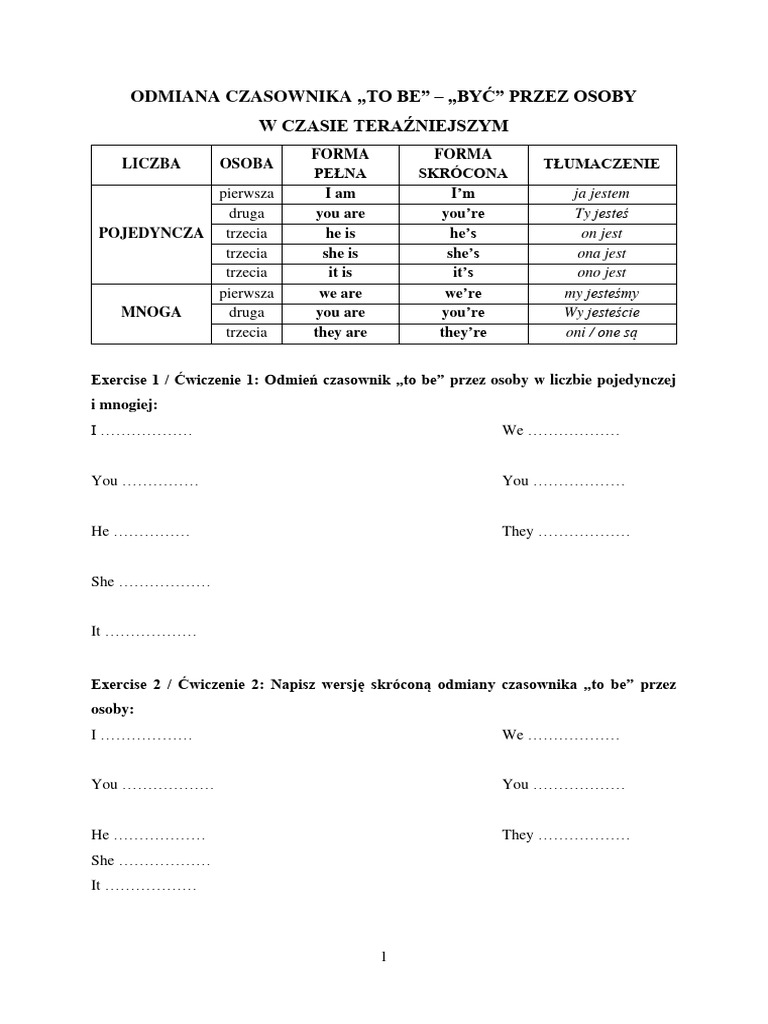 Odmiana Czasownika To Be - Teoria + Zadania PDF 3 | PDF
