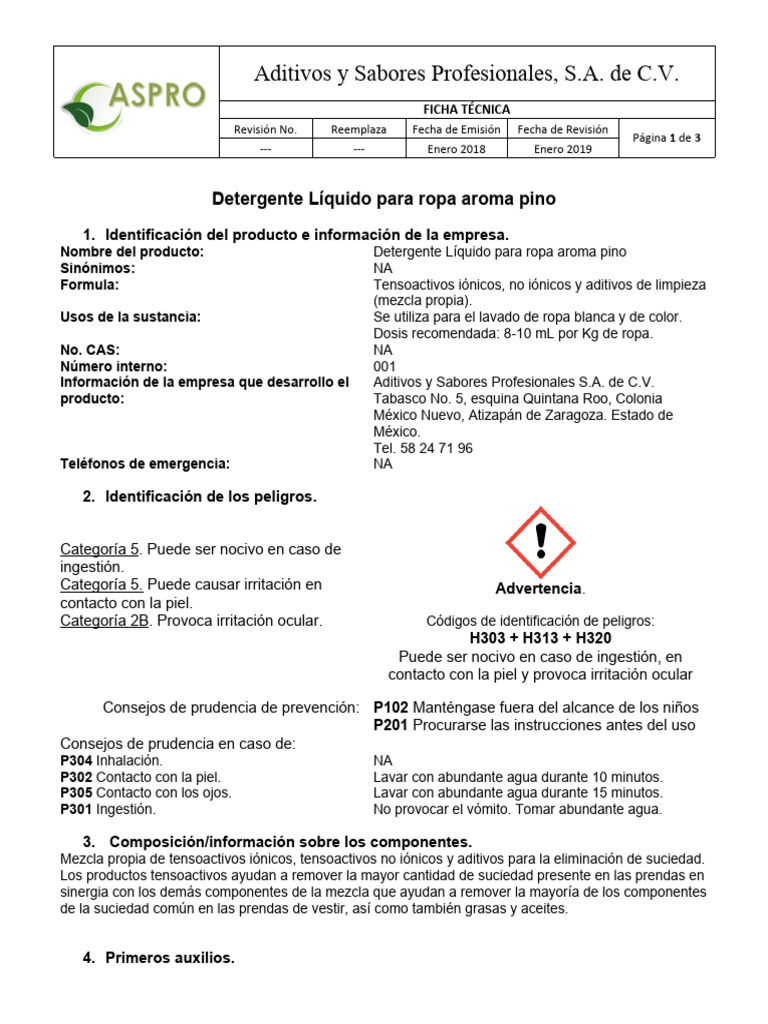 Ficha Técnica-Detergente Líquido Para Ropa | PDF | Agua | Detergente