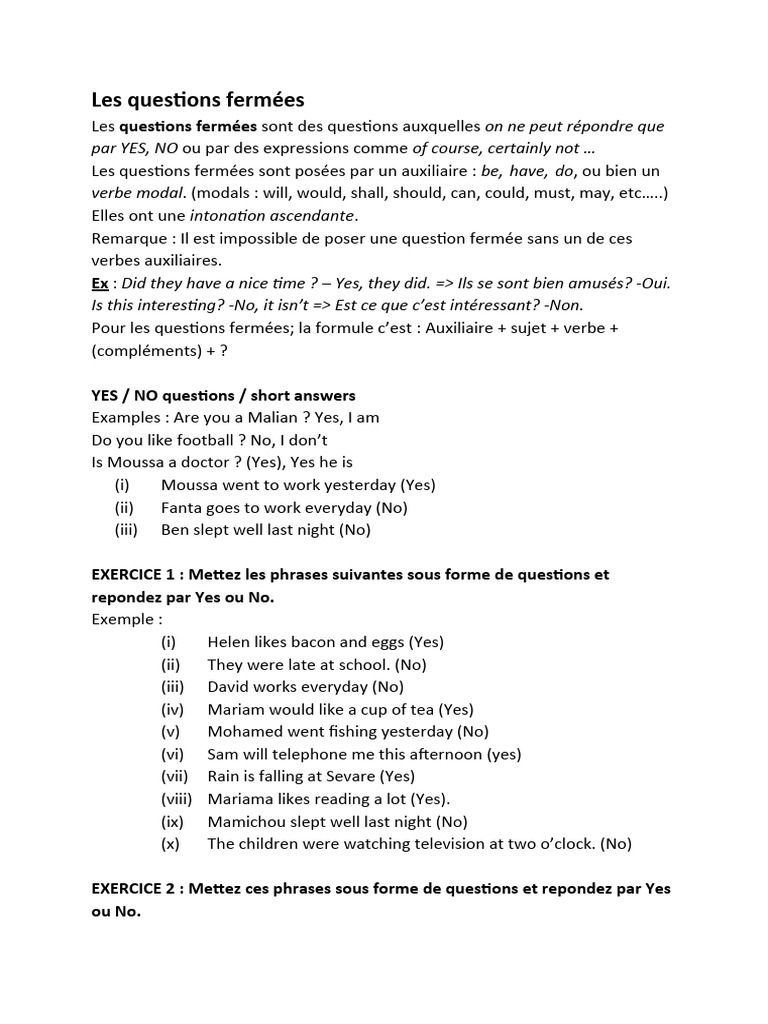 Exemples de Questions Fermées en Français | PDF | Grammar | Linguistics