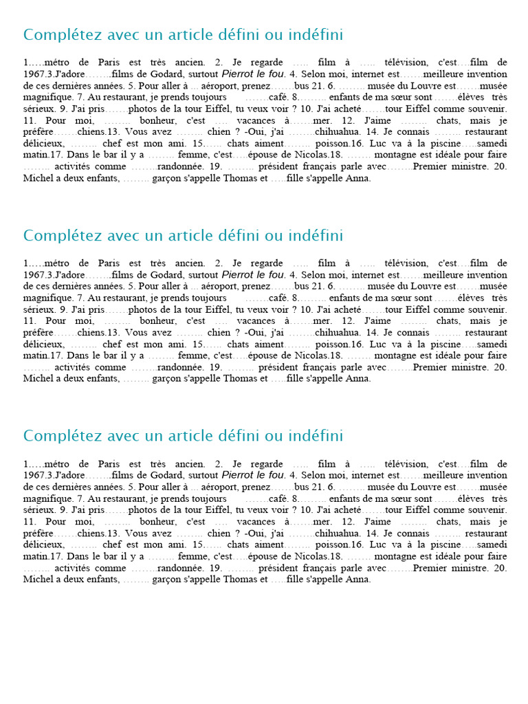 Exercices sur les articles définis et indéfinis | PDF | Échecs ...