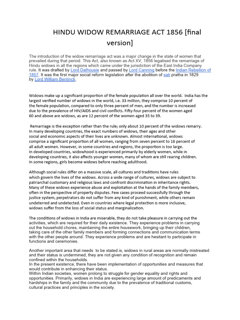 Hindu Widow Remarriage Act 1856 | PDF | Widow | Marriage