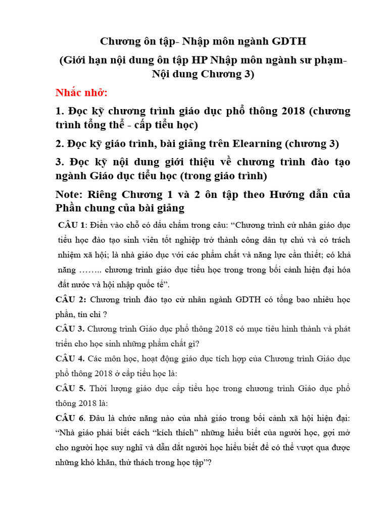 HP ôn tập- Chương 3- Nhập môn ngành GDTH | PDF