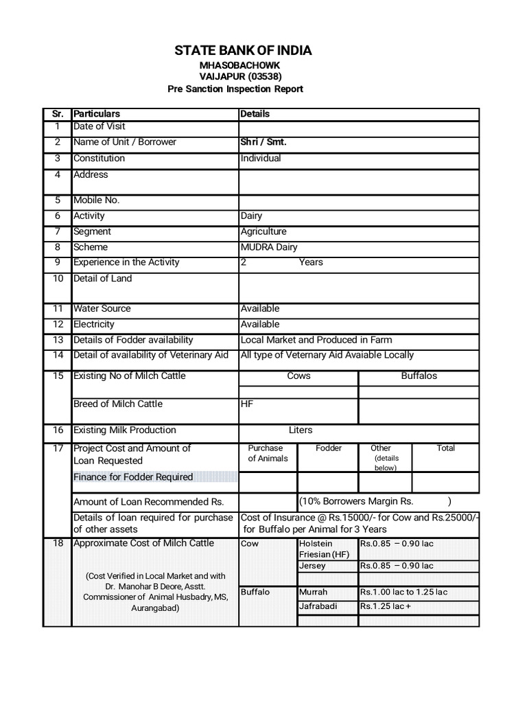 Sbi Pre Sanction Inspection Report | PDF | Dairy Cattle | Milk
