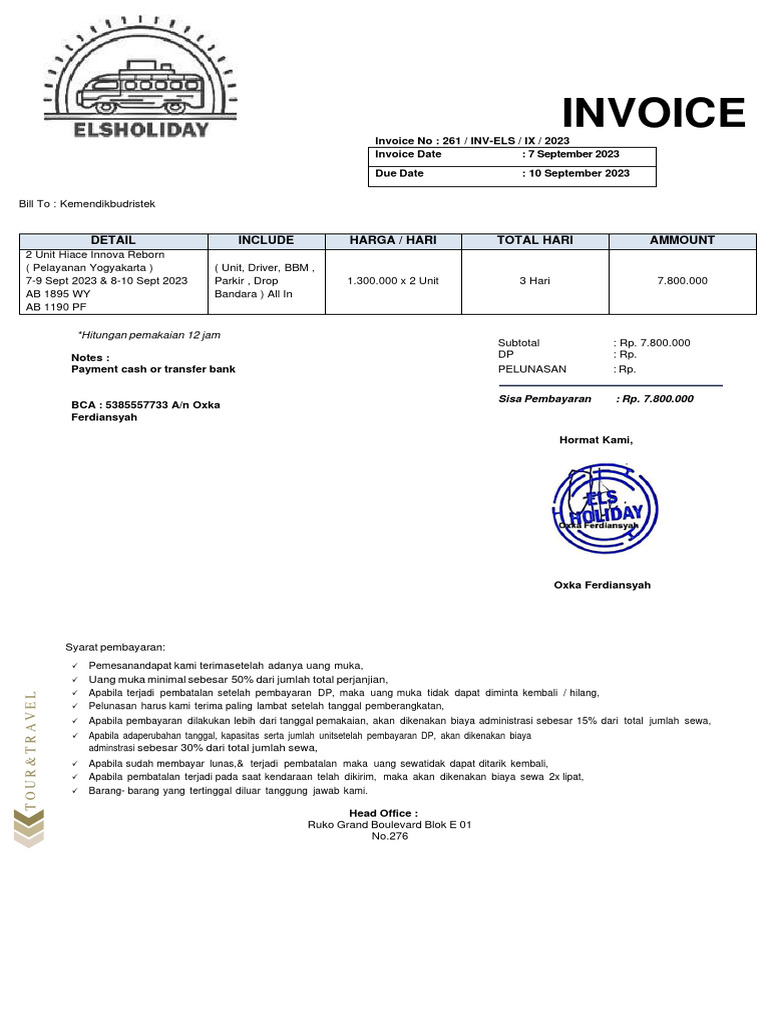 Invoice Sewa Hiace Innova Yogyakarta | PDF