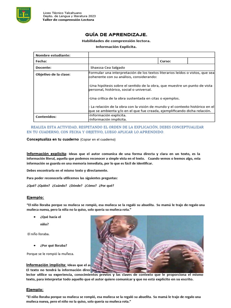 Guia, Información Explicita (Taller Comprensión Lectora) | PDF ...