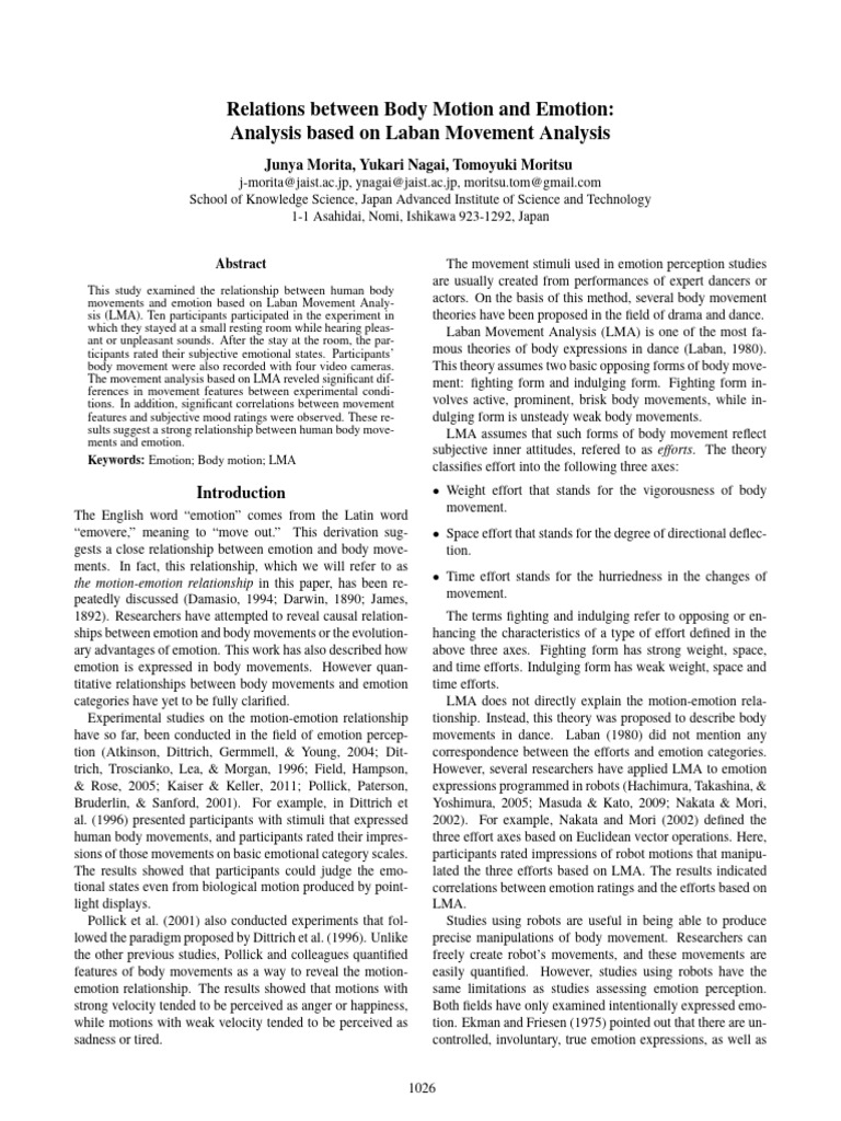 Body Motion and Emotion Study Using LMA | PDF | Emotions | Analysis Of ...