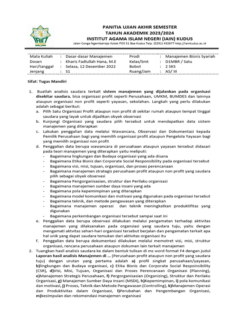 Soal UAS Dasar Dasar Manajemen Prodi MBS Tahun 2023 Kelas D1MBR | PDF | Karier & Perkembangan ...