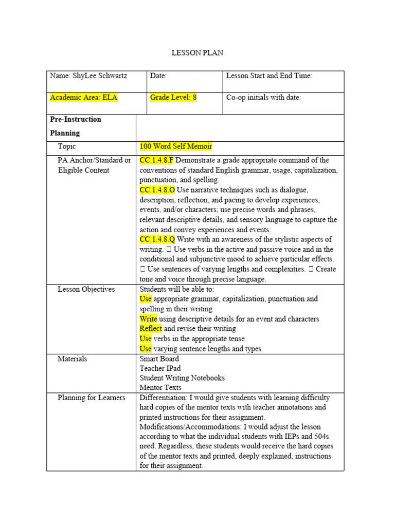 Integrated Lesson Plan Edu 415 1 | PDF | Lesson Plan | Experience