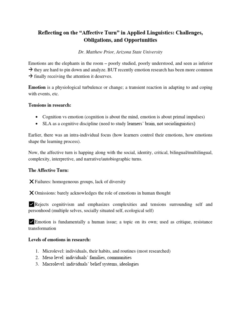 Affective Turn (Dr. Prior) Notes | PDF | Emotions | Affect (Psychology)