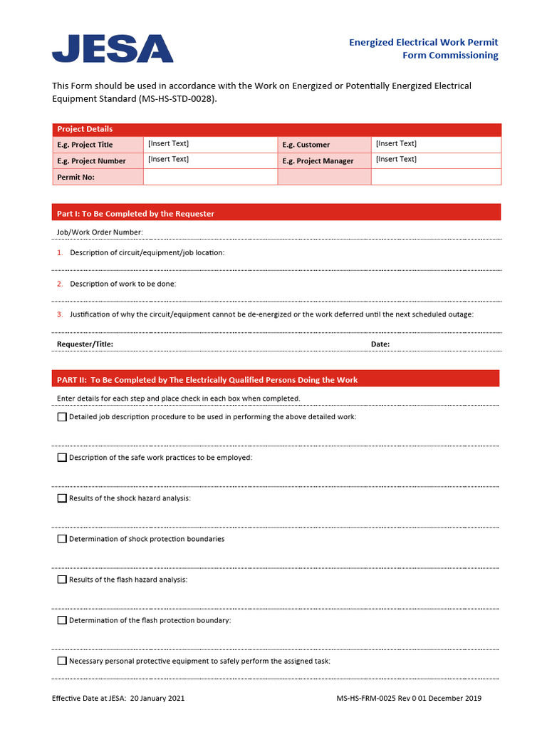 MS-HS-FRM-0025 Energized Electrical Work Permit Form | PDF | Electrician | Personal Protective ...