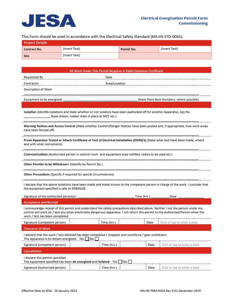 Electrical Energization Permit Form | PDF | Safety