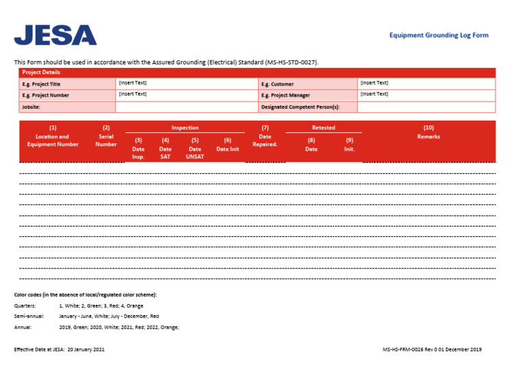 Equipment Grounding Log Form Template | PDF