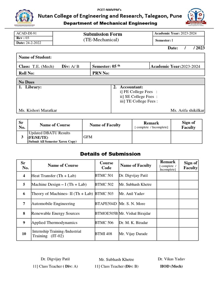 ACAD-DI-91 Submission Form TE Mech Sem-I 2023-24 | PDF | Physical ...