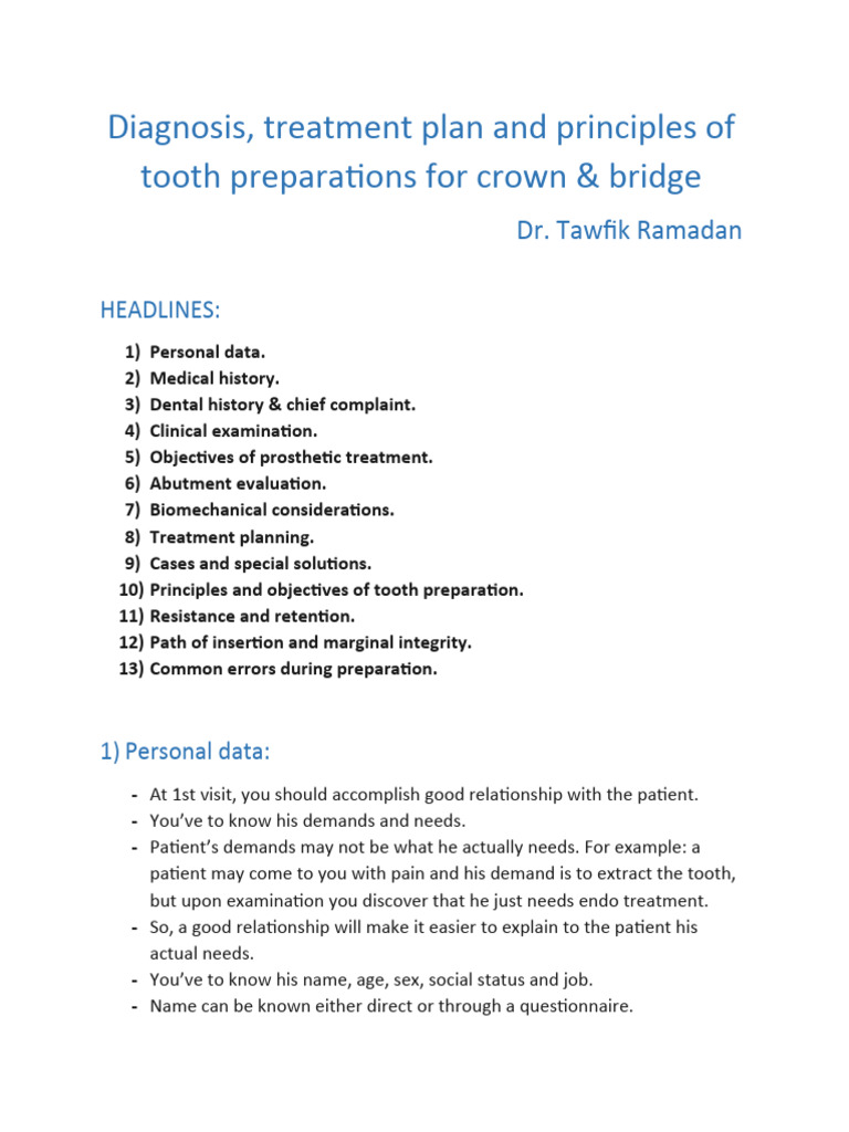 Diagnosis, Treatment Plan and Principles of Tooth Preparations For Crown & Bridge | PDF ...