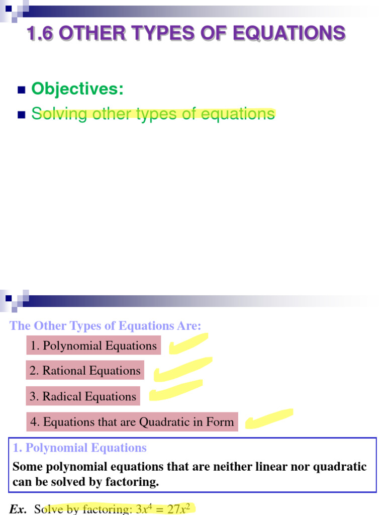 1.6 Other Types of Equations: Objectives | PDF | Factorization | Equations