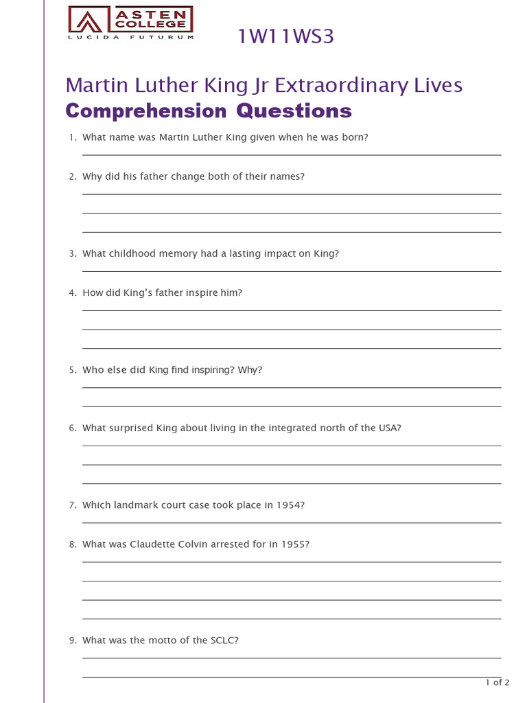 Comprehension Questions: 1W11WS3 Martin Luther King JR Extraordinary ...