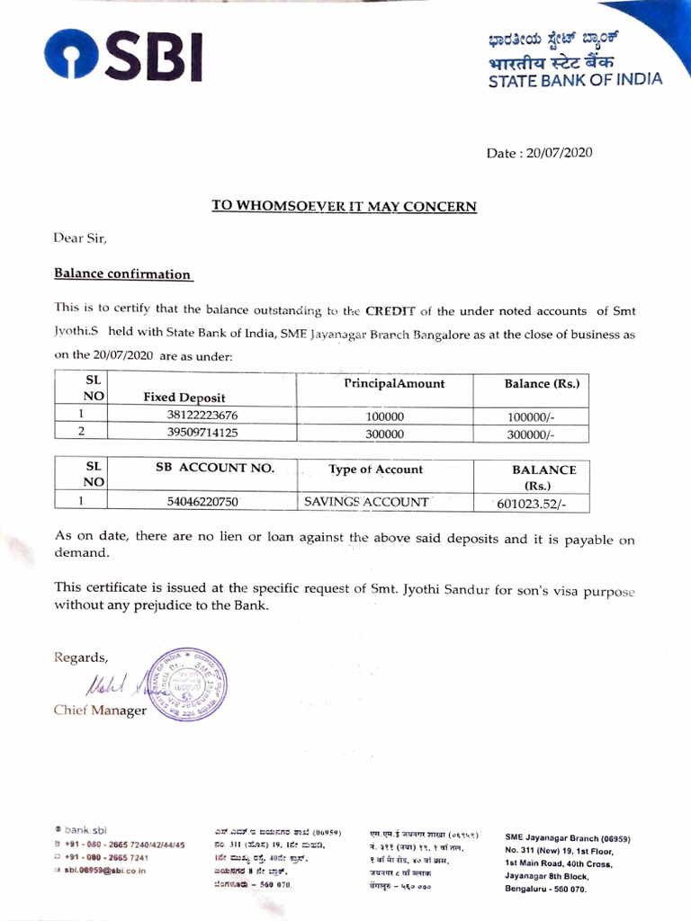 Fixed Deposit Balance Confirmation Letter | PDF