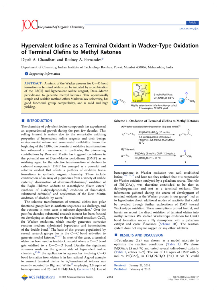 Hypervalent Iodine As A Terminal Oxidant in Wacker Type Oxidation of ...