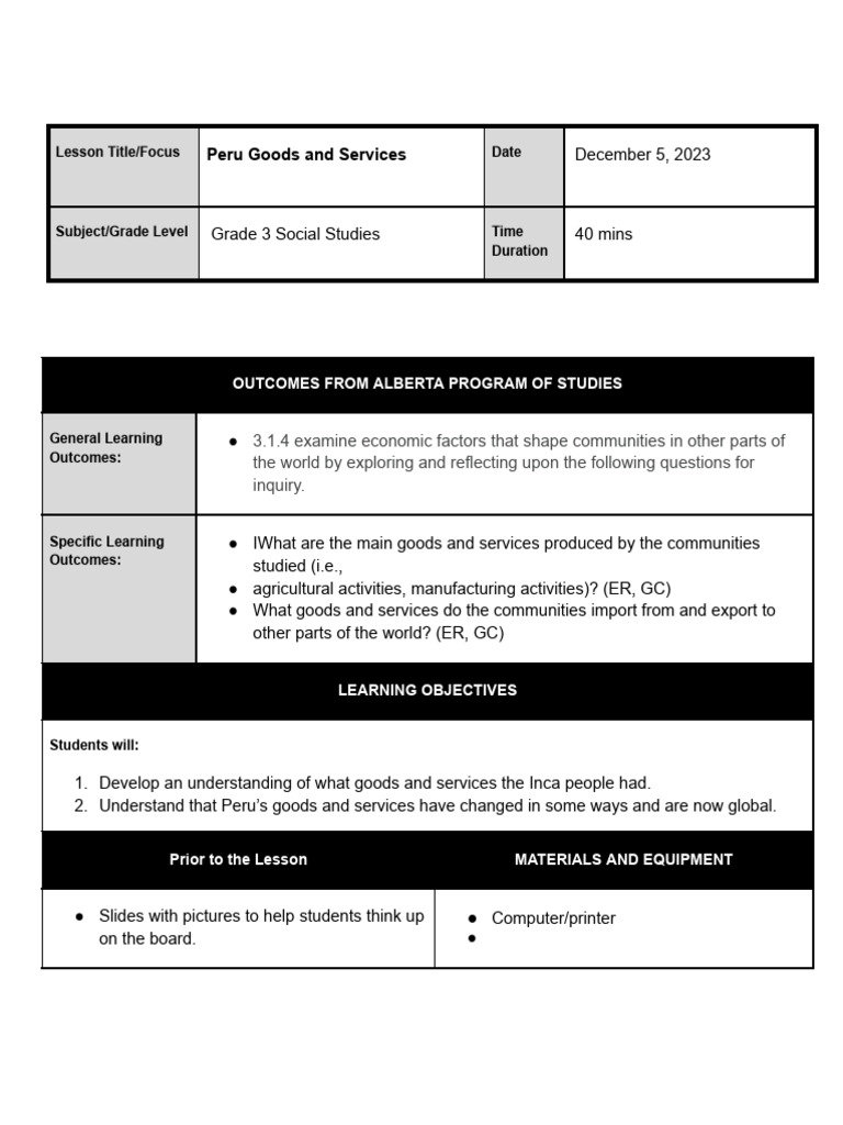 Peru's Goods and Services for Grade 3 | PDF | Peru | Maize